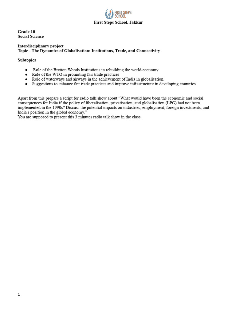 Inter Disciplinary Project - Instructions Grade 10 | PDF
