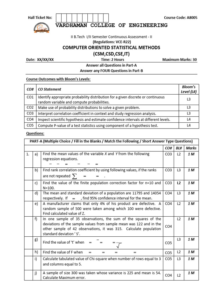 B.Tech CSM Continuous Assessment II | PDF | Statistics | Standard Deviation