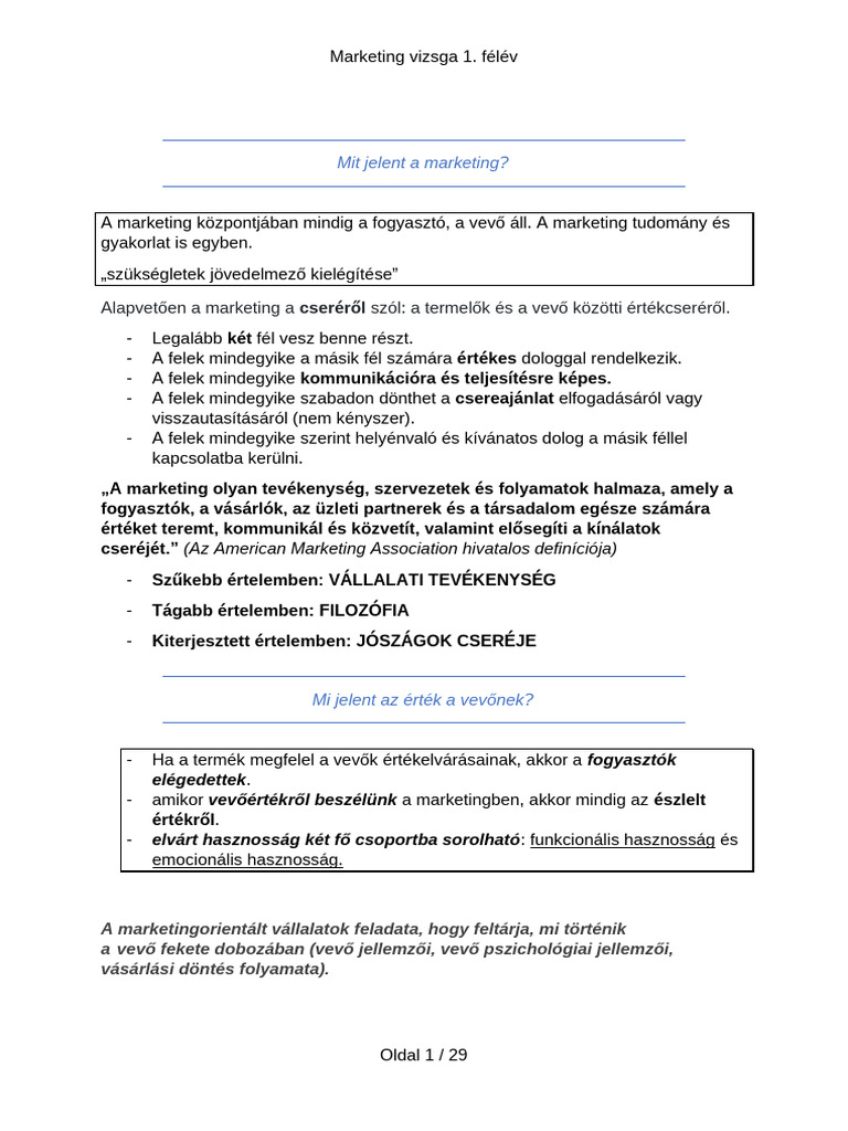 Marketing Vizsga 1.félév | PDF