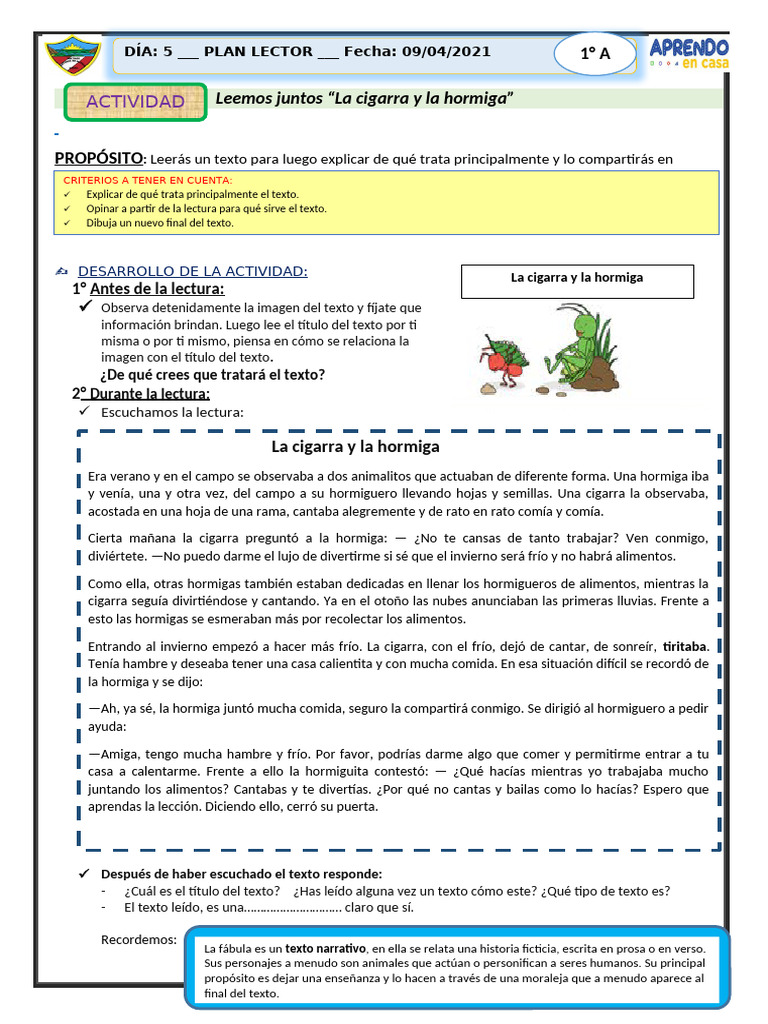 Fábula: La Cigarra y la Hormiga | PDF | Hormiga