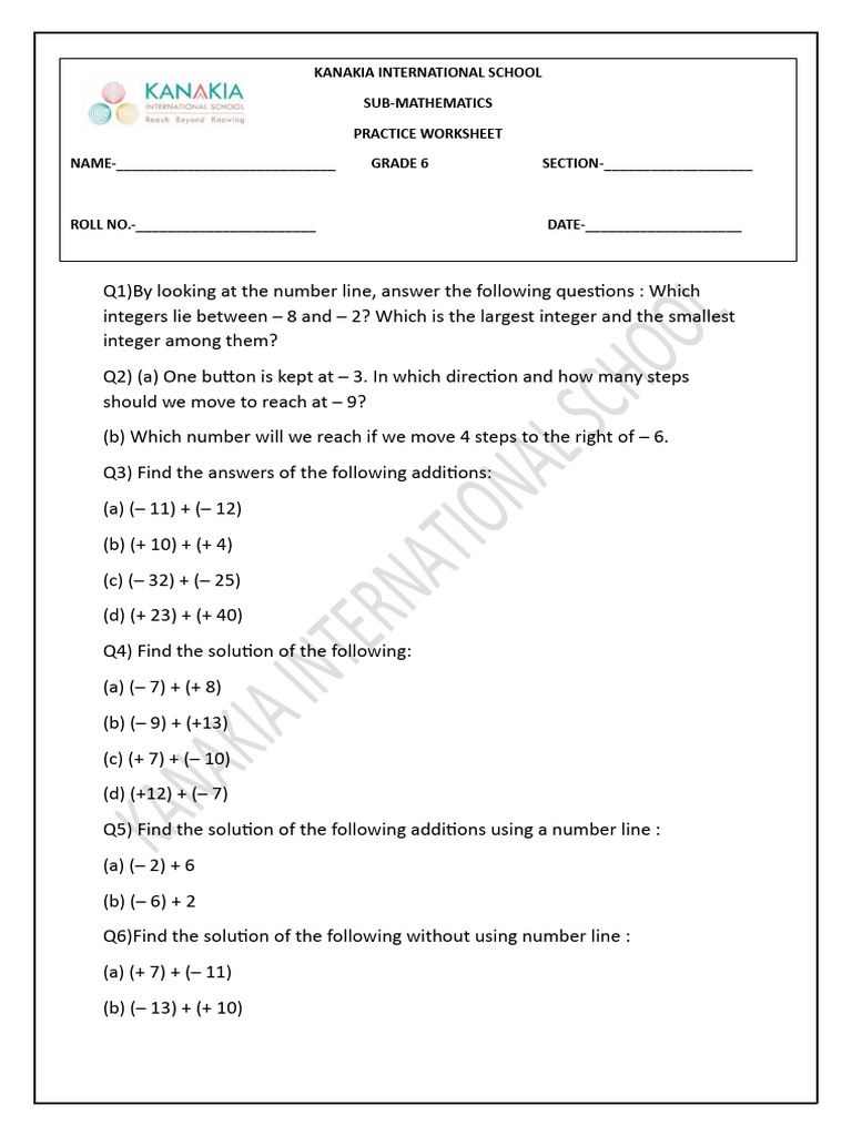 Maths Class 6 Intergers Worksheet | PDF