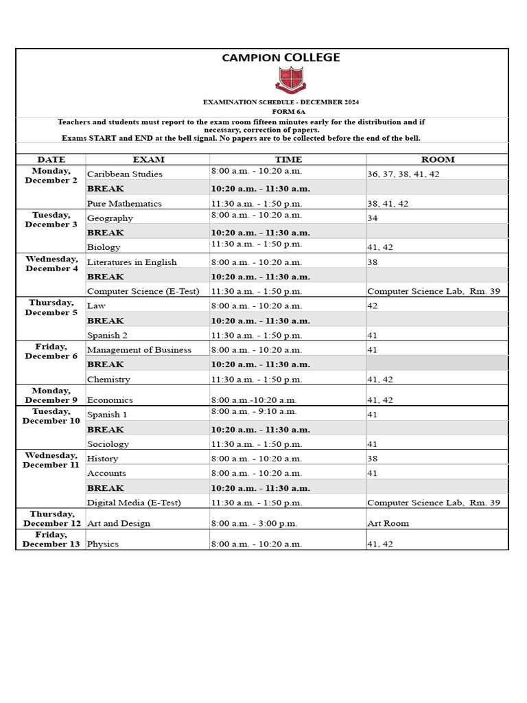 Campion College Christmas Exam Schedule 2024 | PDF | Computer Science ...