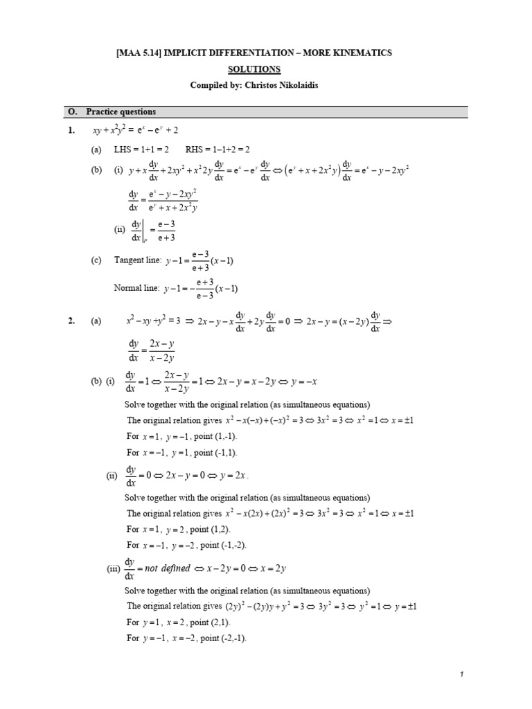 (MAA 5.14) IMPLICIT DIFFERENTIATION - MORE KINEMATICS - Solutions | PDF | Multivariable Calculus ...