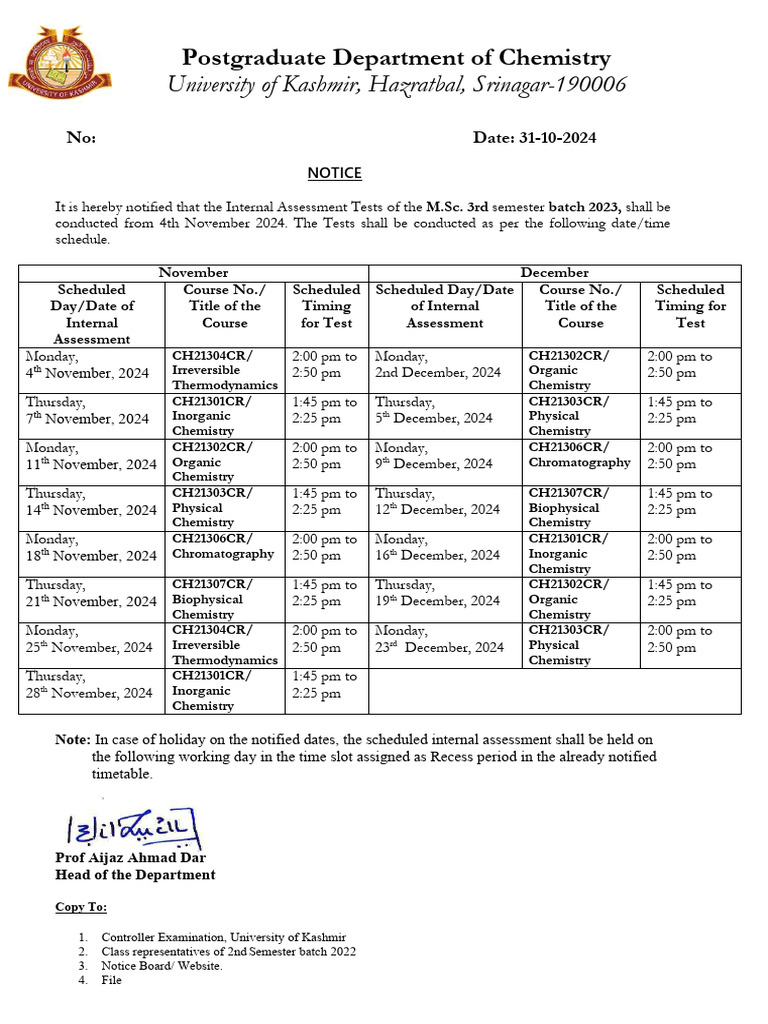 Internal Assessment Schedule-3rd SEM | PDF