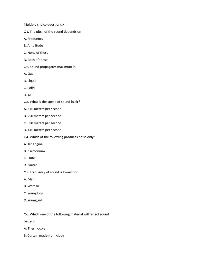 Class 8 Sound MCQs and Answers | PDF | Sound | Noise