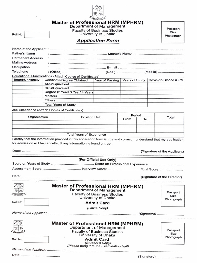 University of Dhaka MPHRM Application Form | PDF | Qualifications ...