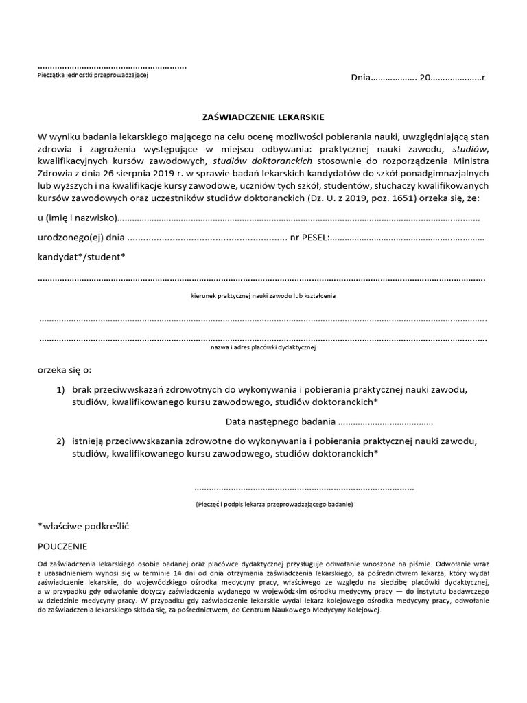 Zaświadczenie Lekarskie | PDF