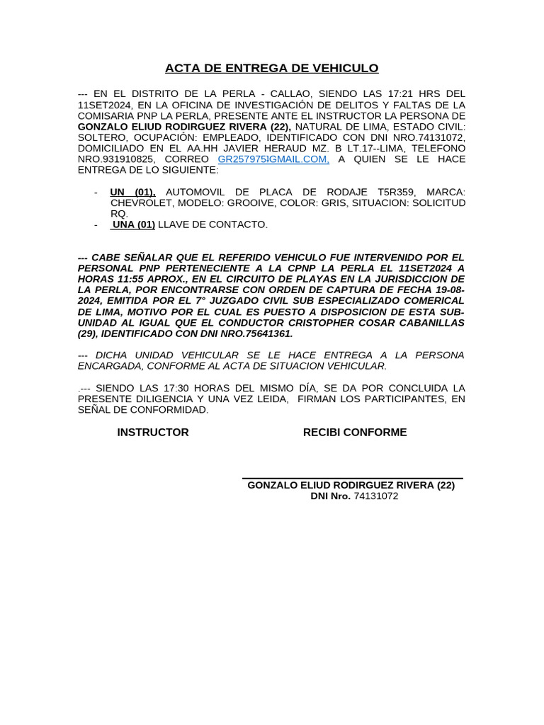 Acta de Entrega de Vehiculo | PDF