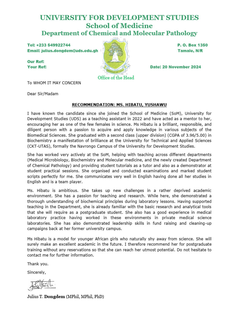 Recommendation for Ms. Hibatu | PDF | University | Medical School