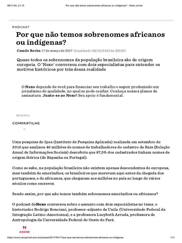 Sobrenomes africanos e indígenas no Brasil | PDF | Brasileiros