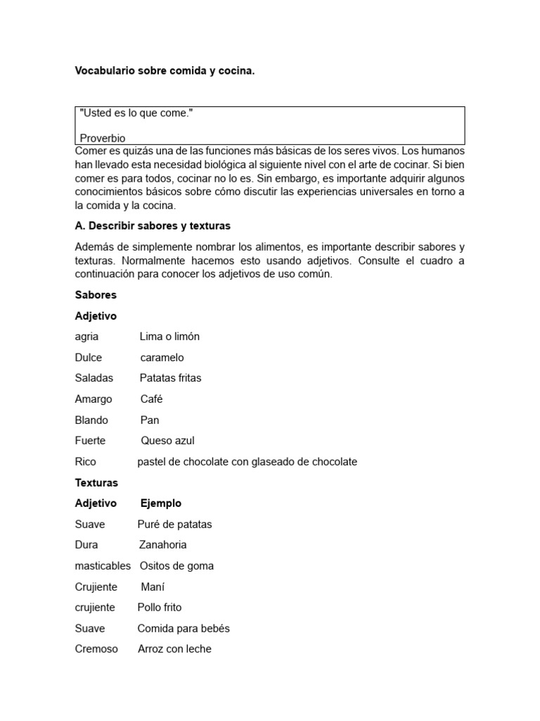 Vocabulario Esencial de Cocina y Comida | PDF | Alimentos | Maíz