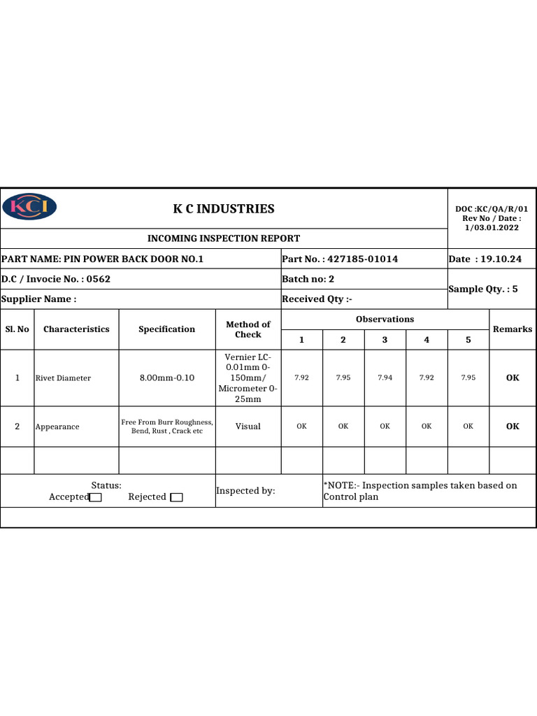 01.incoming Inspection Report | PDF