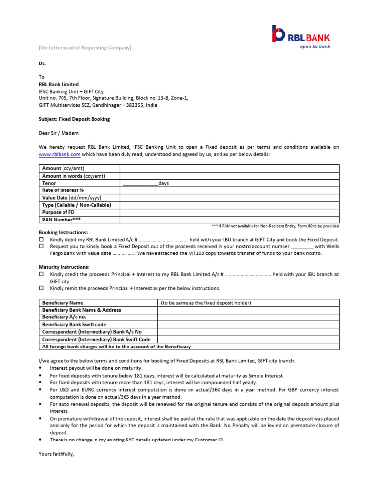 RBL Bank Fixed Deposit Request Form | PDF | Interest | Banks