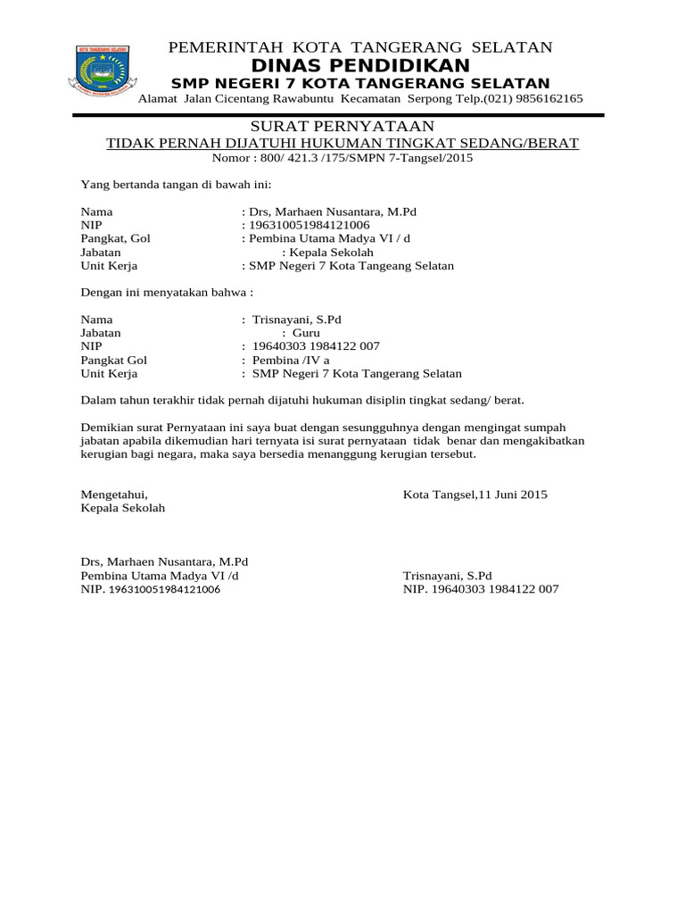 SURAT. Pernyataan Tidak Dijatuhi Hukuman Tris | PDF