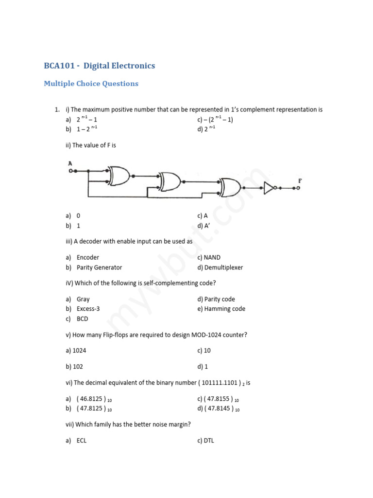 BCA101 - Digital Electronics: Multiple Choice Questions | PDF | Computer Engineering | Digital ...