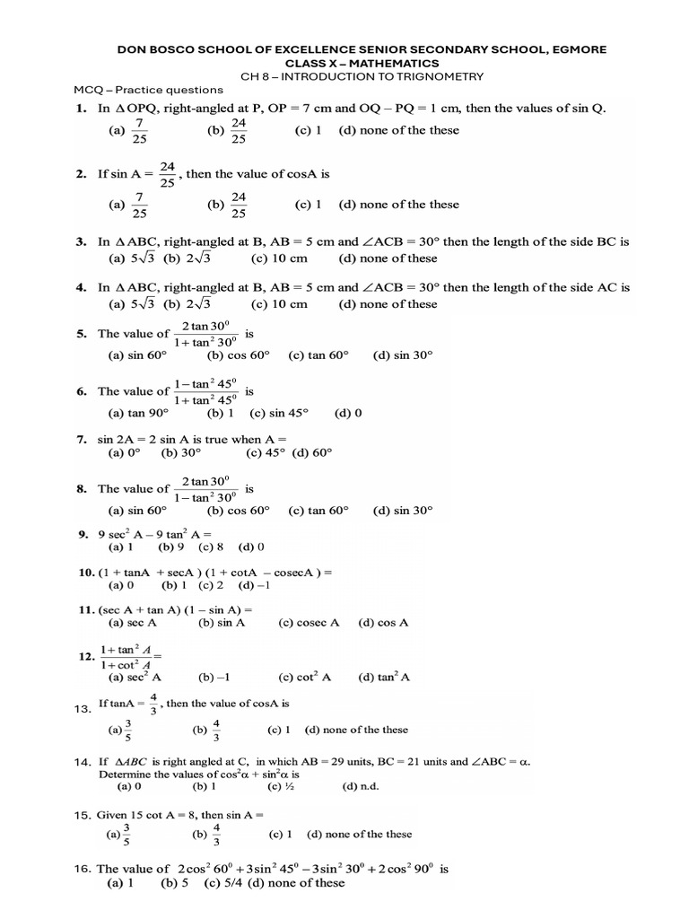 CL10 Maths CH9 MCQ Practice Questions | PDF