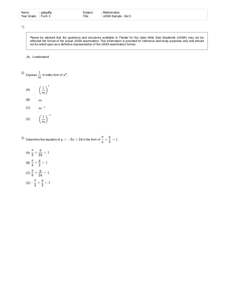 UASA Sample - Set 3.pdf Maths | PDF