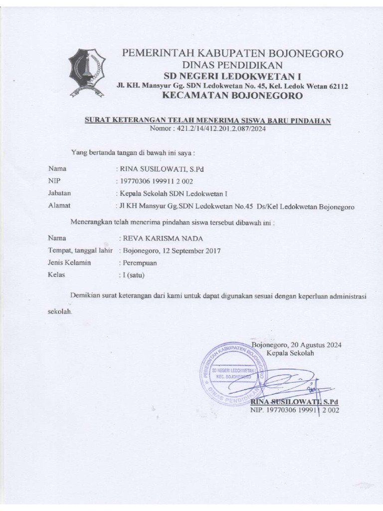 Surat Diterima Reva Karisma Nada - Kelas 1 | PDF