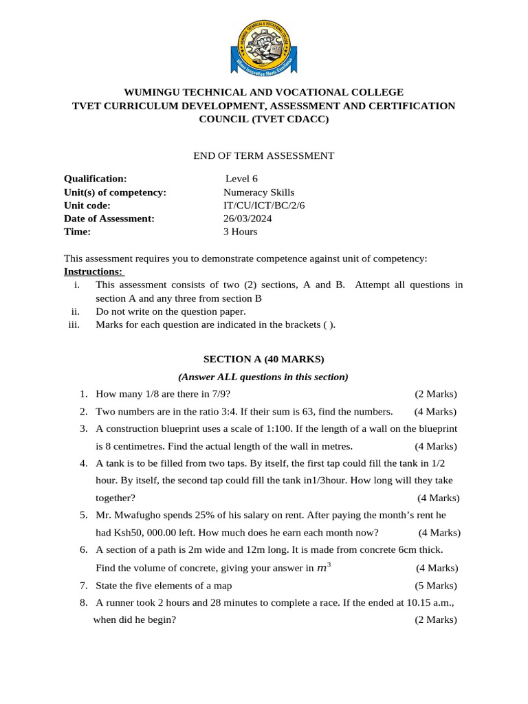 Numeracy Skills End of Term 1 (MAY-AUGUST) | PDF | Area | Sphere