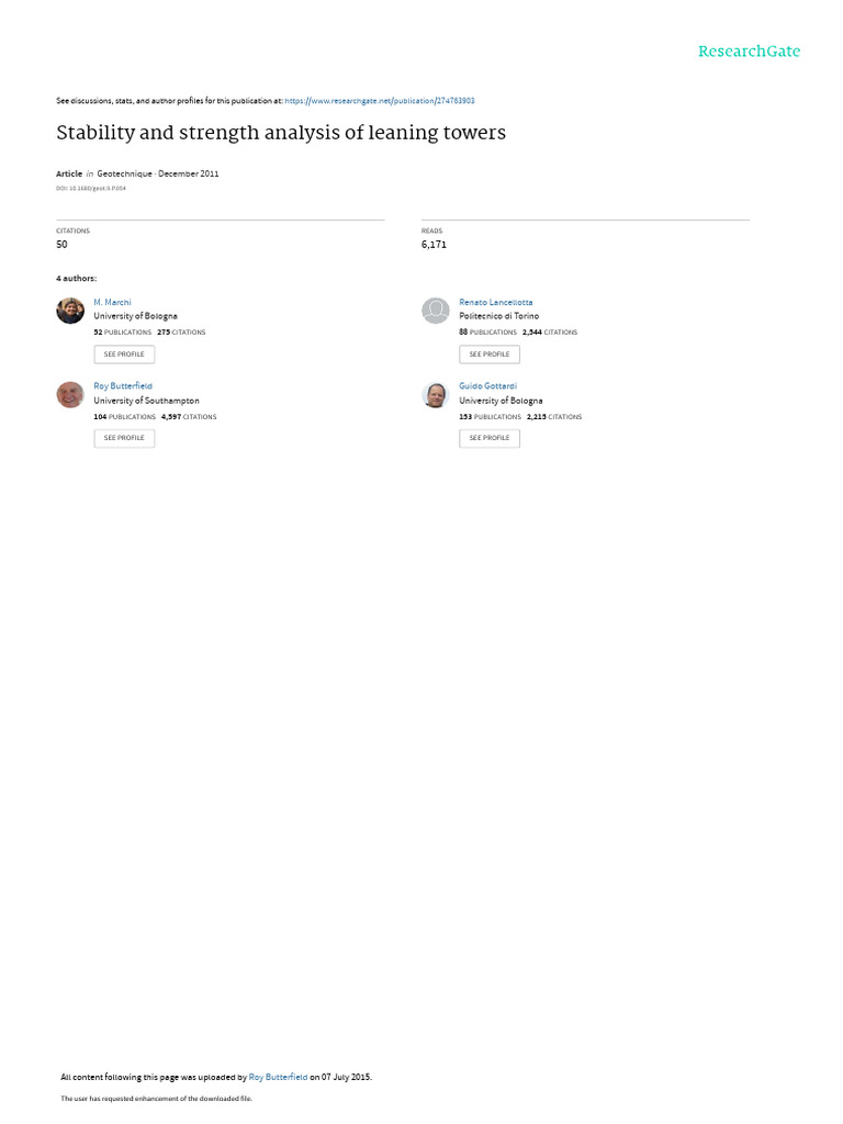 Stability of Leaning Towers Geo Tech | PDF | Creep (Deformation) | Slope