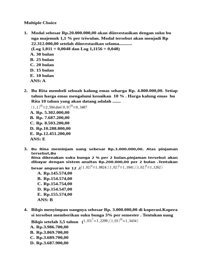 Uh Mat Umum BT, BM, Anuitas SMT 1 Xi Mipa 2024 | PDF