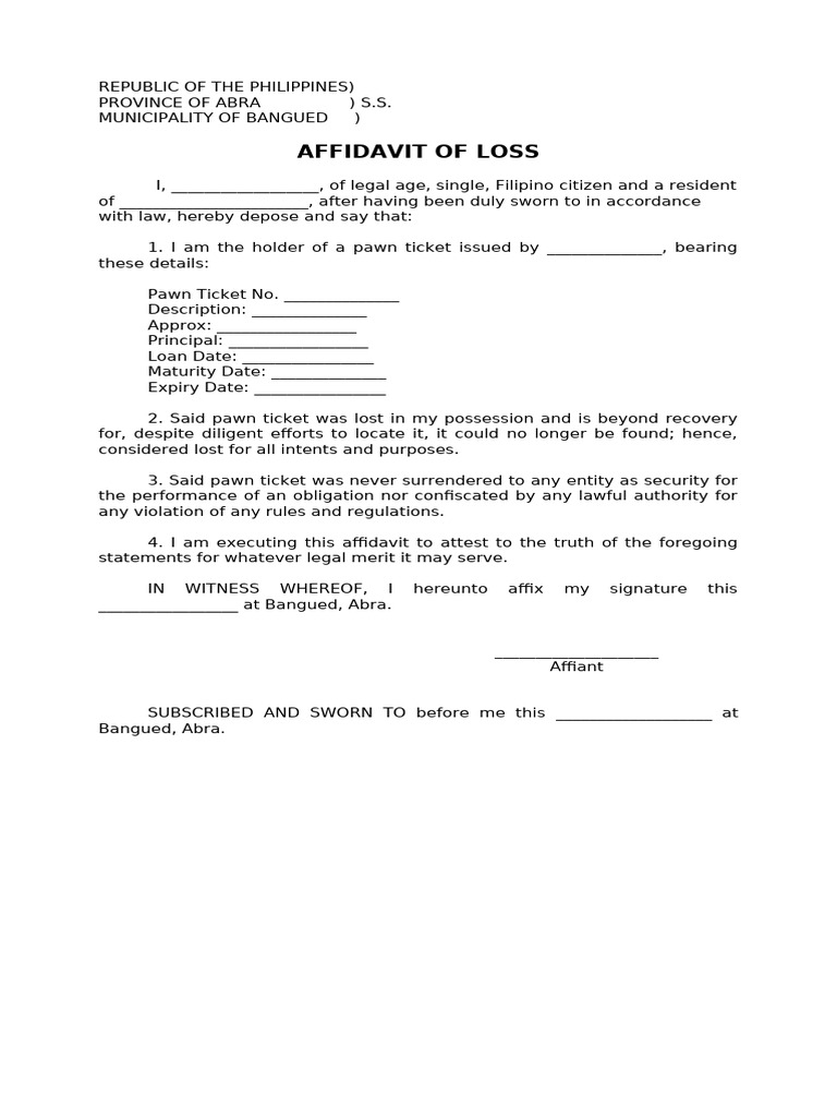 Affidavit of Loss-Pawn Ticket - FORM | PDF