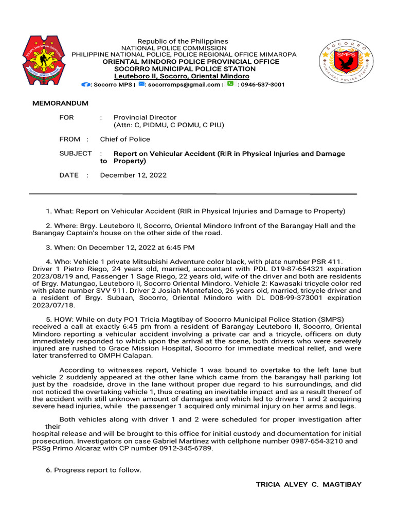 Memo Report Accident | PDF | Transport | Law Enforcement
