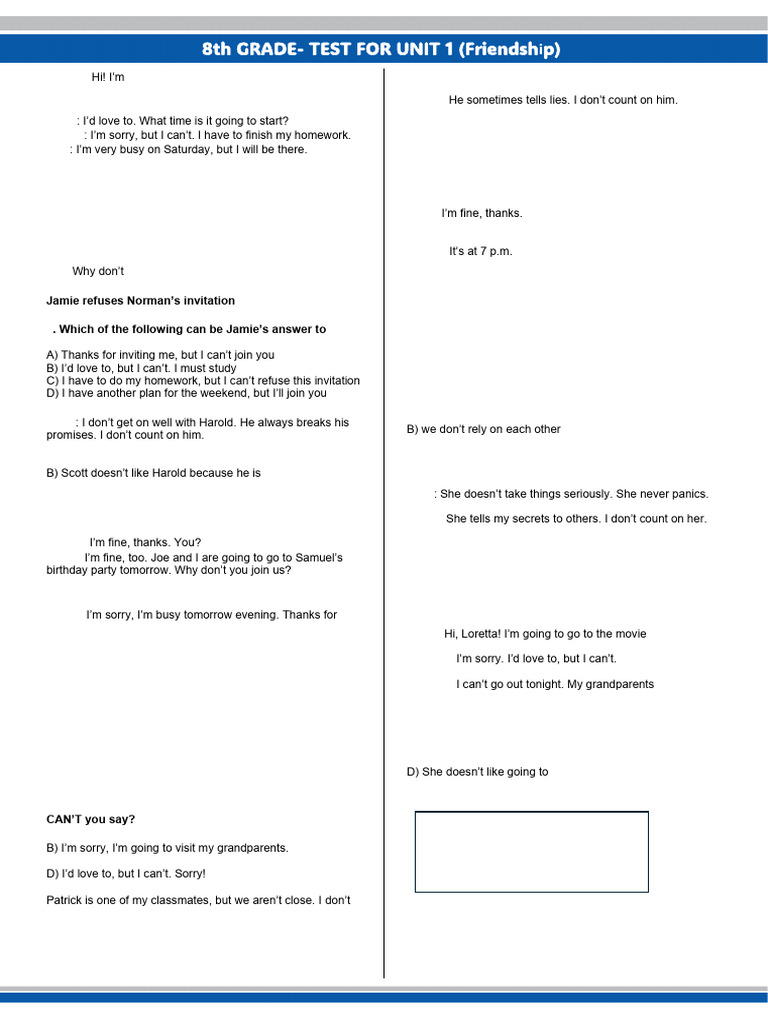 8th Grade-Test For Unit 1 (By Mete - ELT) | PDF