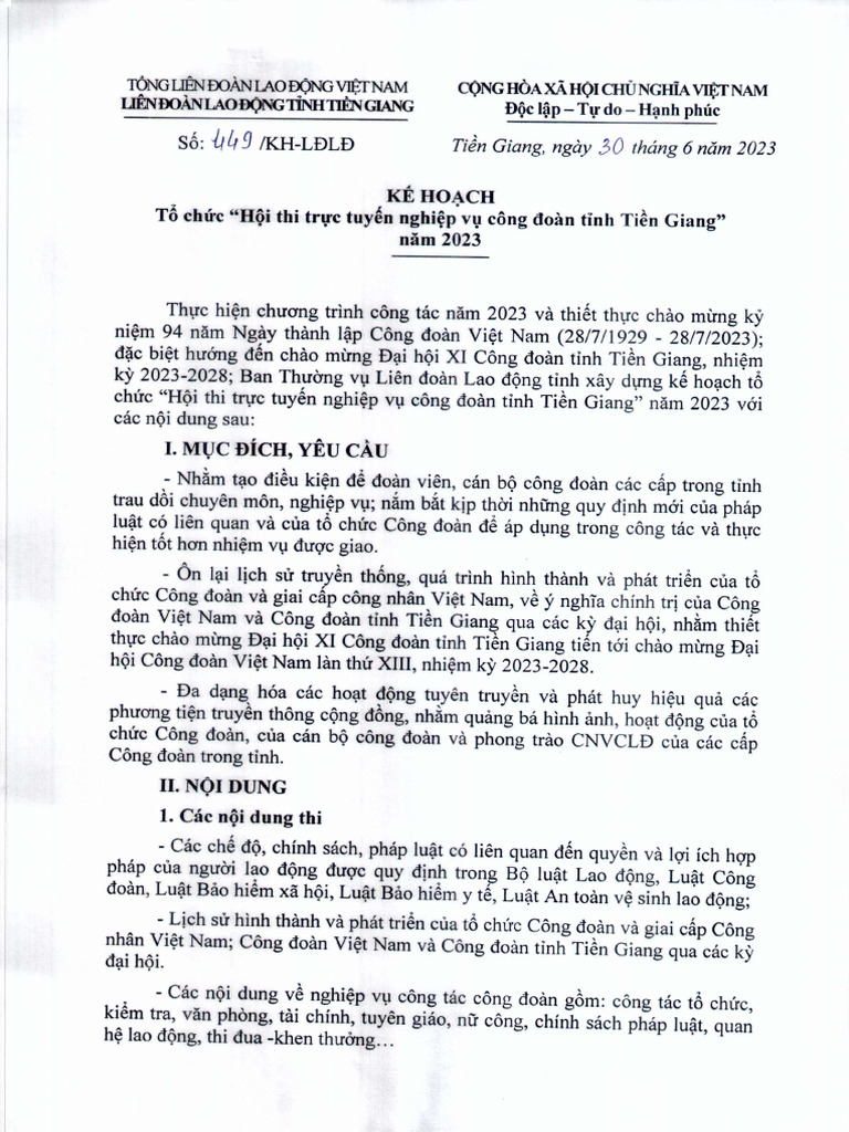 449-Ke Hoach To Chuc Hoi Thi Truc Tuyen Nghiep Vu Cong Doan Tinh TG Nam 2023 | PDF | Vietnam