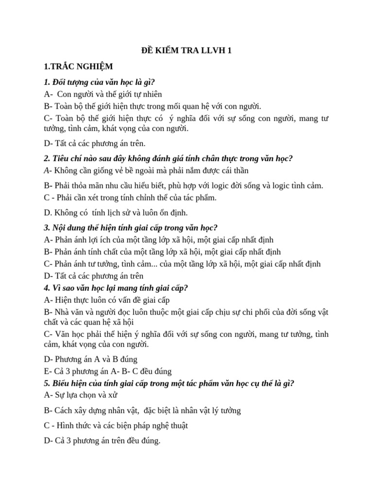 Đề Kiểm TR LLVH 1 | PDF