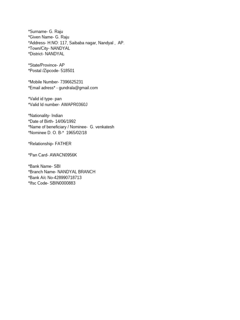 Personal Information of G. Raju | PDF