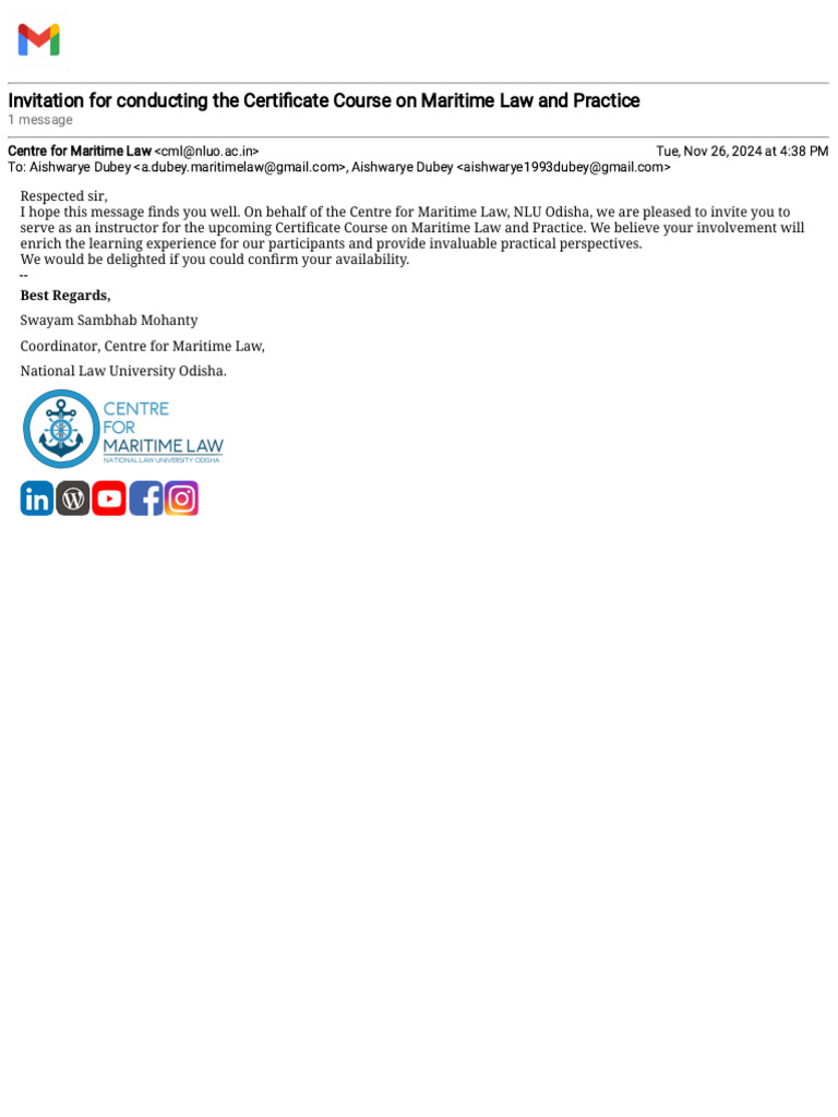 Gmail - Invitation For Conducting The Certificate Course On Maritime ...