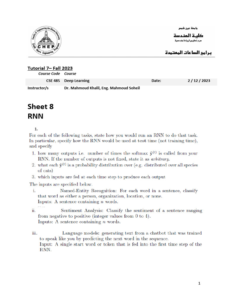 CSE485 Sheet8 RNN | PDF