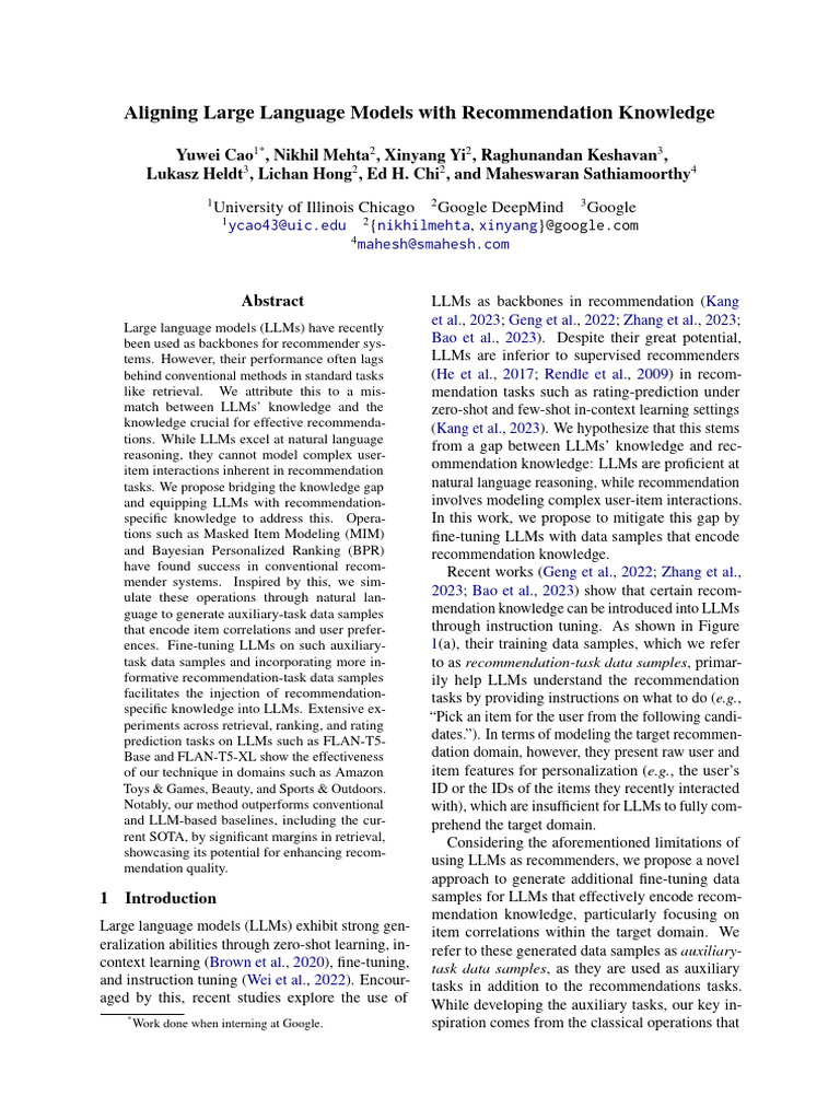 Aligning Large Language Models With Recommendation Knowledge Pdf Cognitive Science