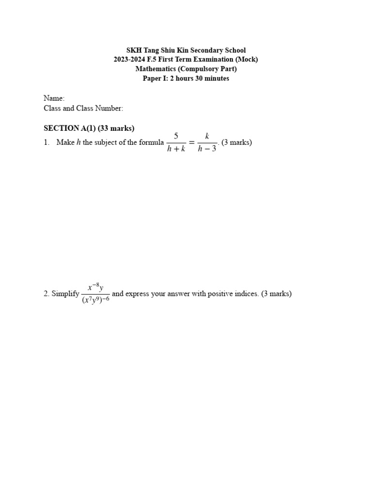 F5 1T Maths Mock P1 | PDF | Mathematics | Arithmetic