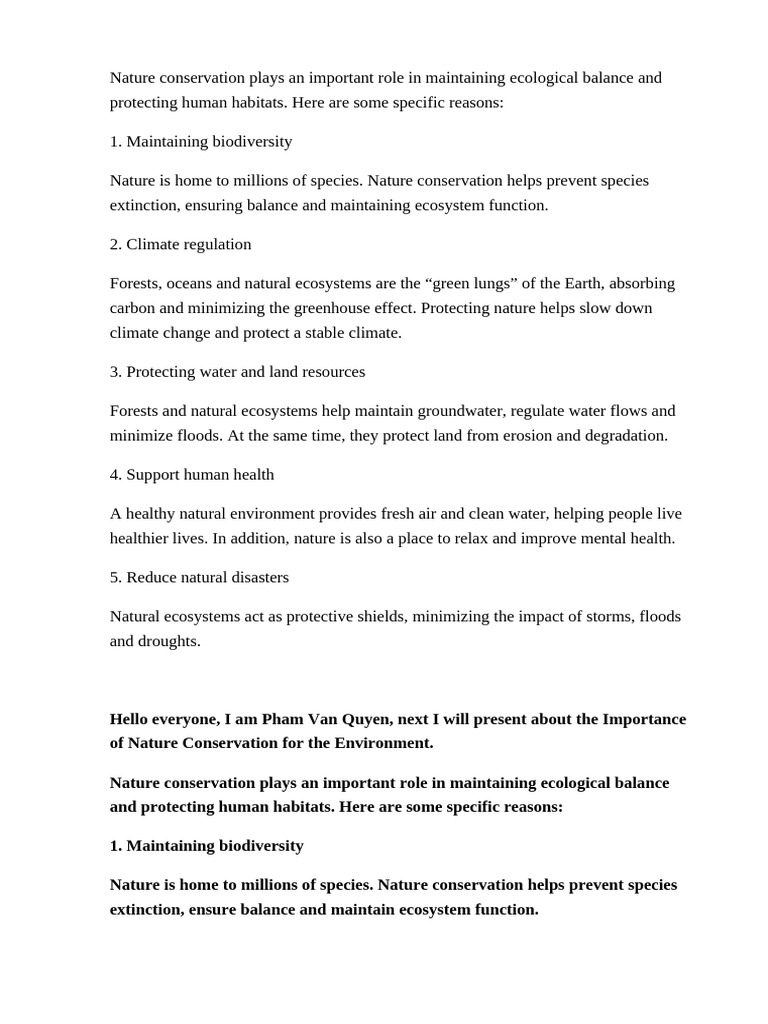 Nature Conservation Plays An Important Role in Maintaining Ecological ...