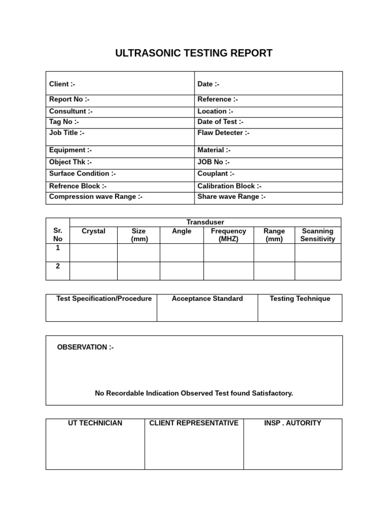 Ultrasonic Testing Report Format. | PDF