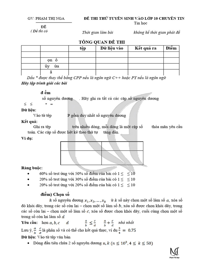 Tổng Quan Đề Thi TT Tên bài Tên tệp CT Dữ liệu vào Kết quả ra Điểm Câu 1 Câu 2 Câu 3 Câu 4 | PDF