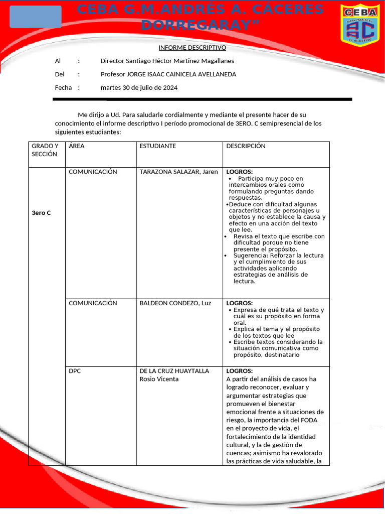 Informe Logros 3ero C Semipresencial | PDF