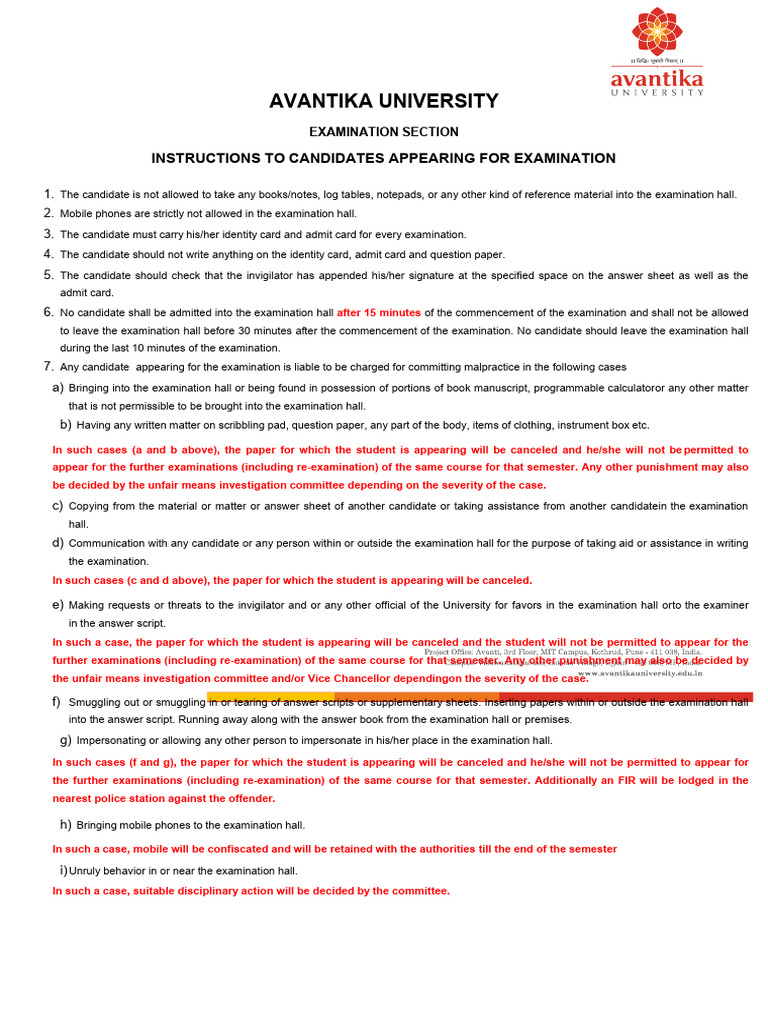 Examination Instructions for Candidates | PDF