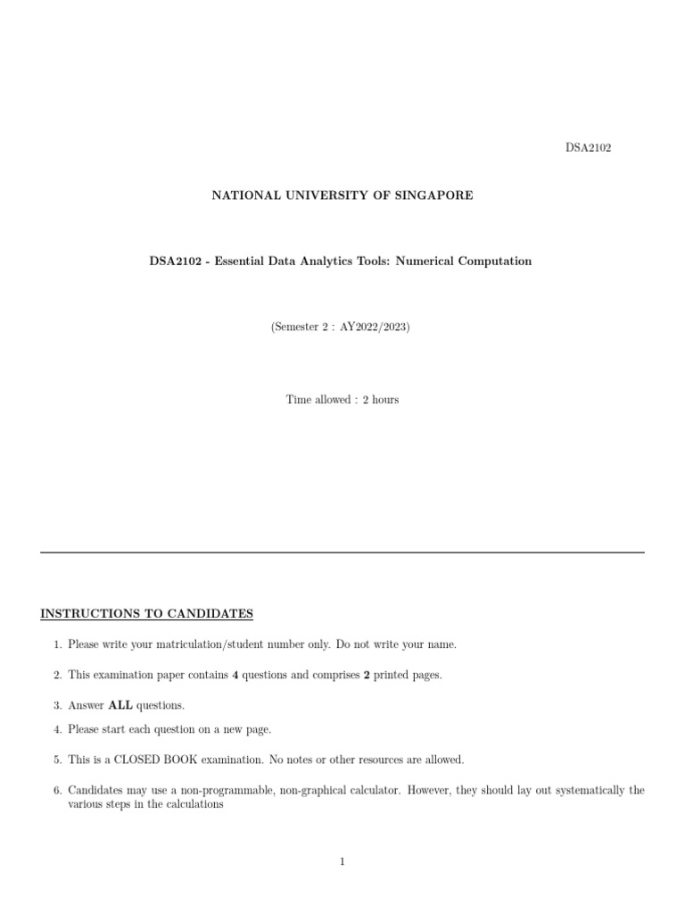 DSA2102 22/23 Semester 2 Final | PDF | Matrix (Mathematics) | Mathematical Objects