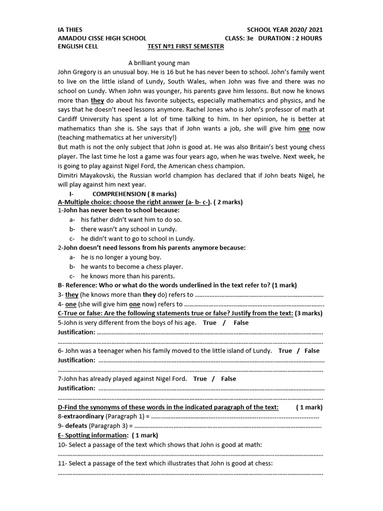 Devoir Ang. 1 (3e) Pire 2021 | PDF | Linguistics | Language Mechanics