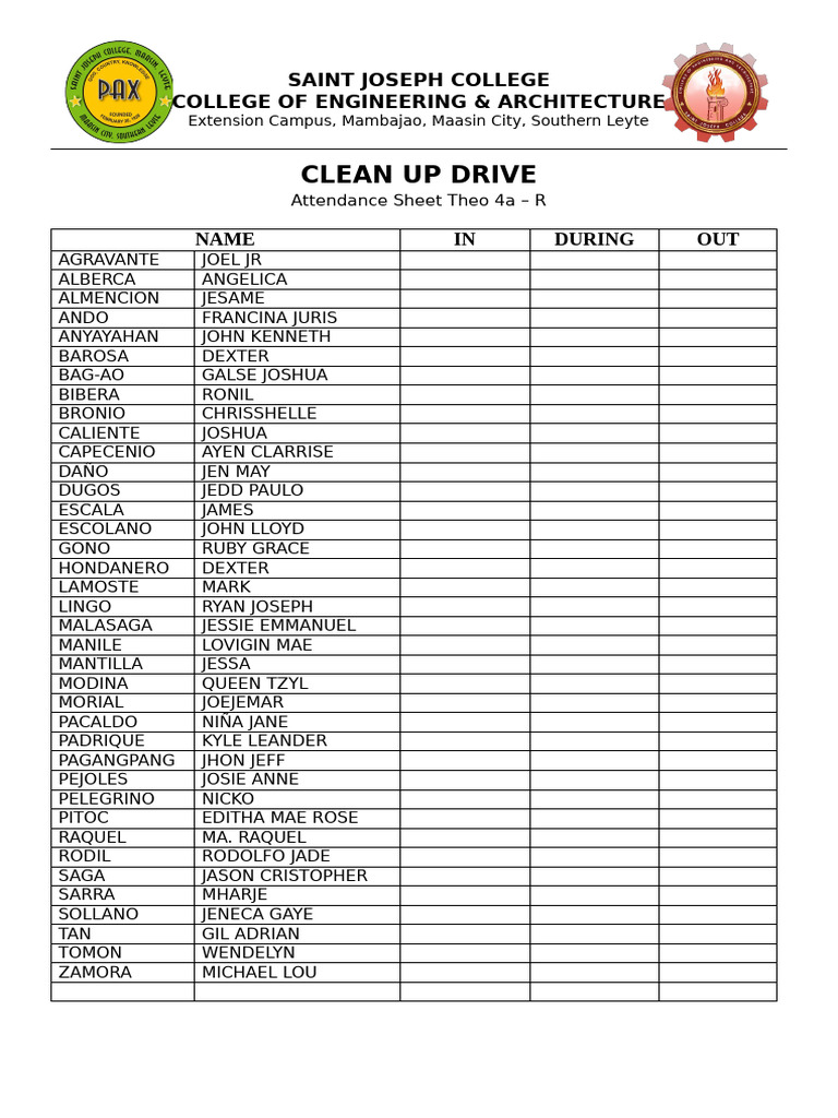 Saint Joseph College Clean Up Drive Attendance | PDF
