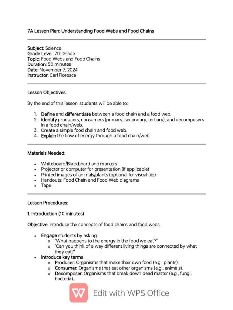 7A Lesson Plan | PDF | Food Web | Foods