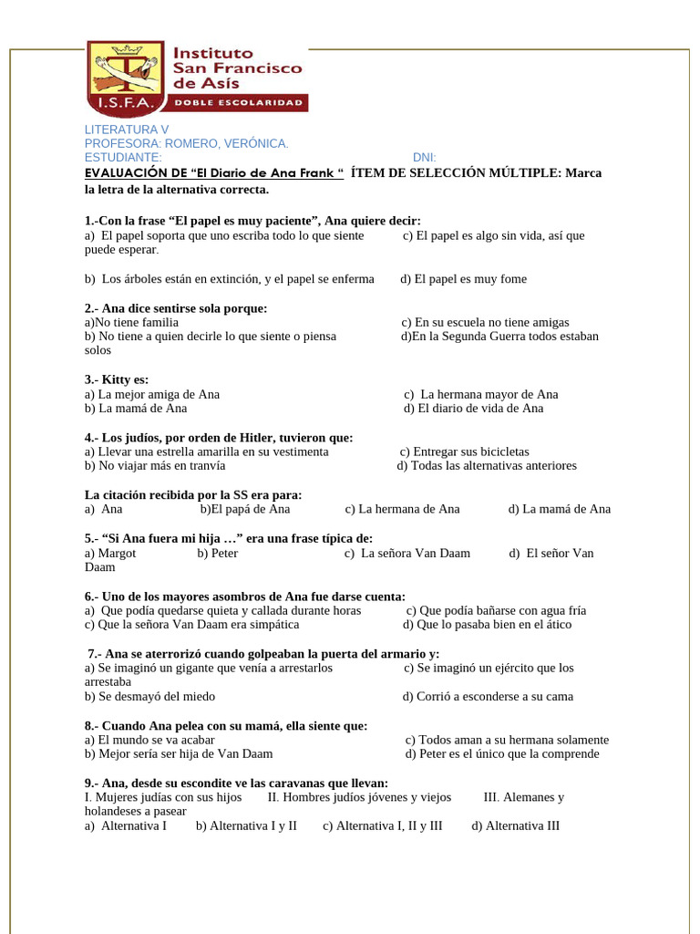 Tema 1 Evaluación de "El Diario de Ana Frank " | PDF | nazismo