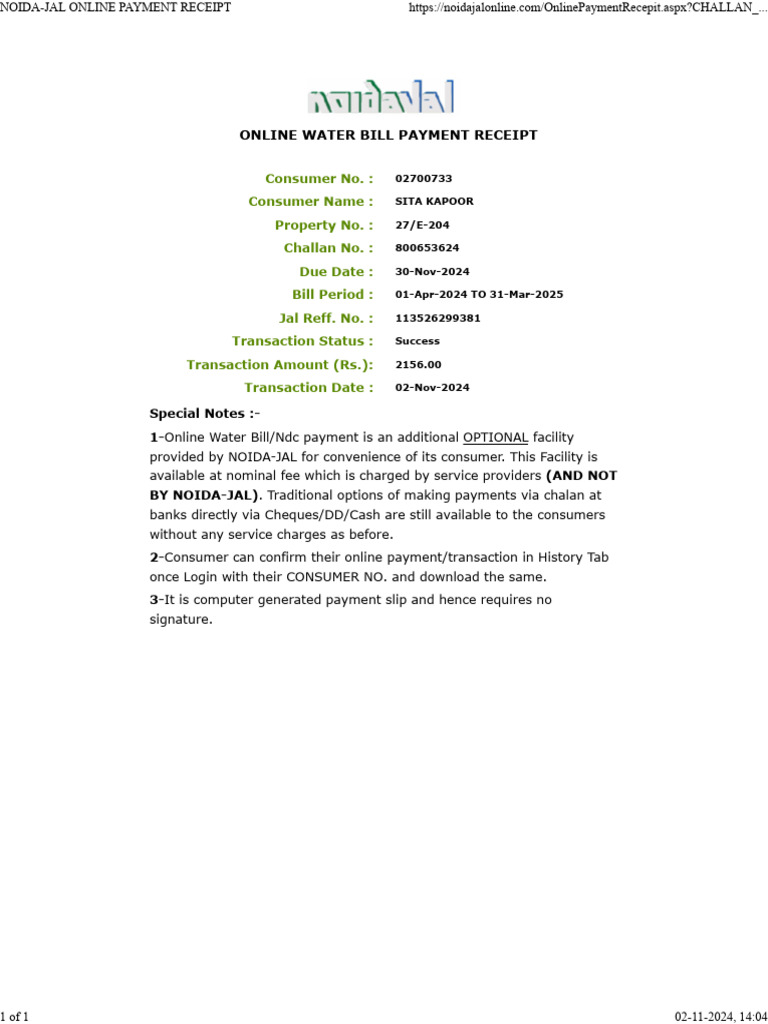 Noida-Jal Online Payment Receipt | PDF