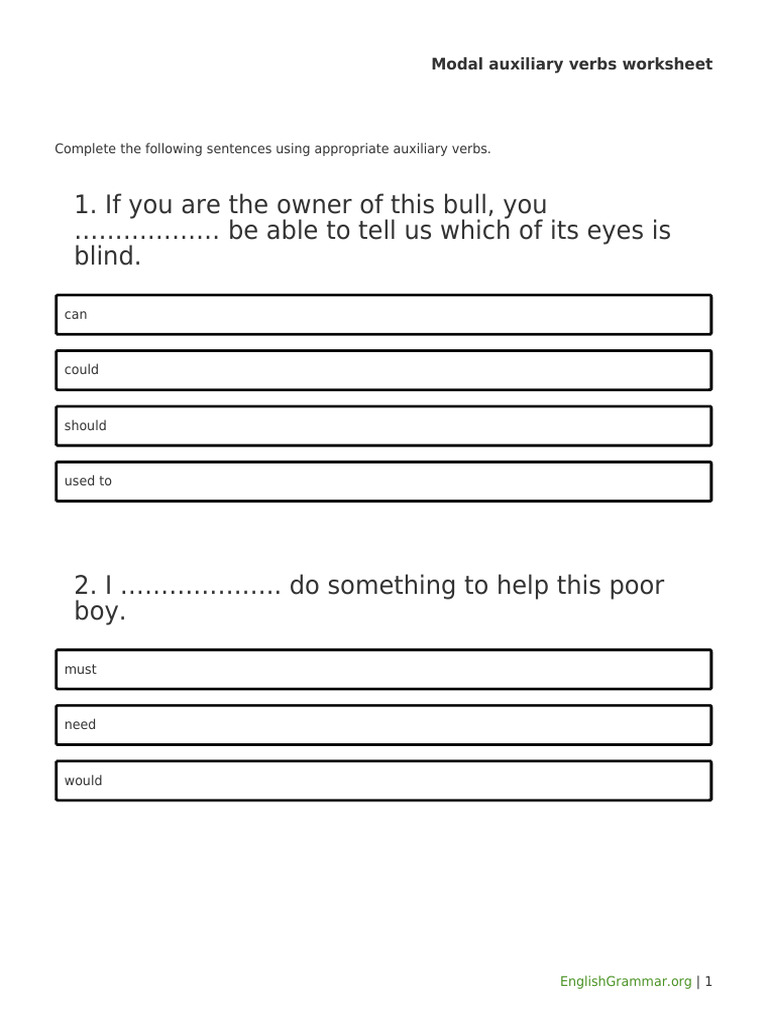 Modal Auxiliary Verbs Worksheet | PDF