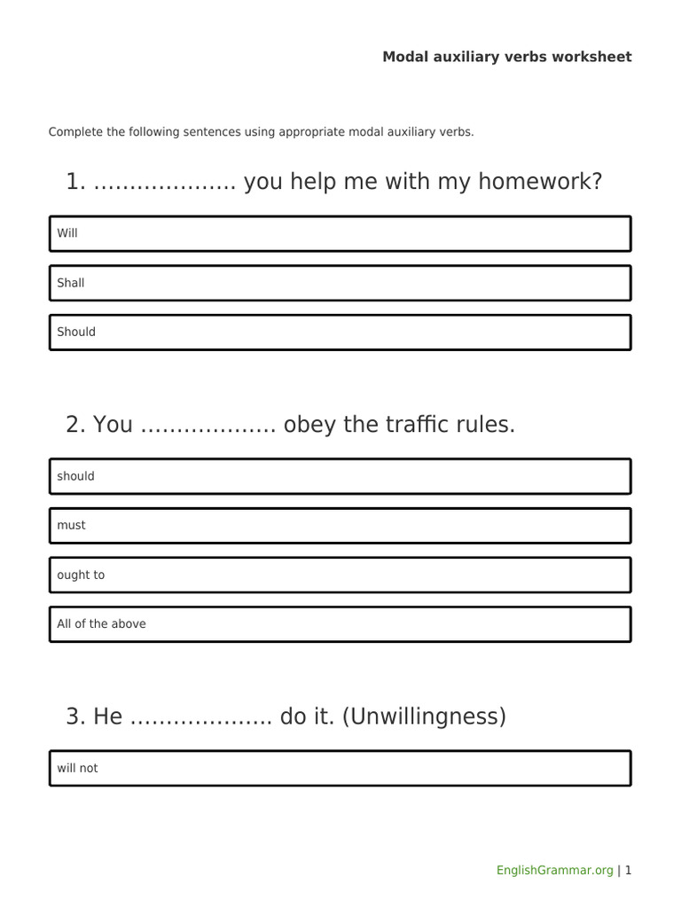 Modal Auxiliary Verbs Worksheet | PDF | Morphology | Semantic Units