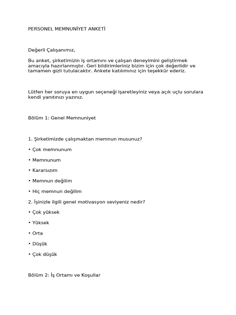 Personel Memnuniyet Anketi | PDF