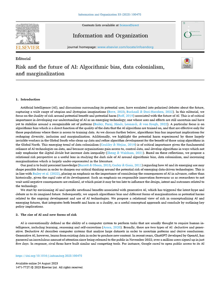 Risk and The Future of AI: Algorithmic Bias, Data Colonialism, and Marginalization | PDF ...
